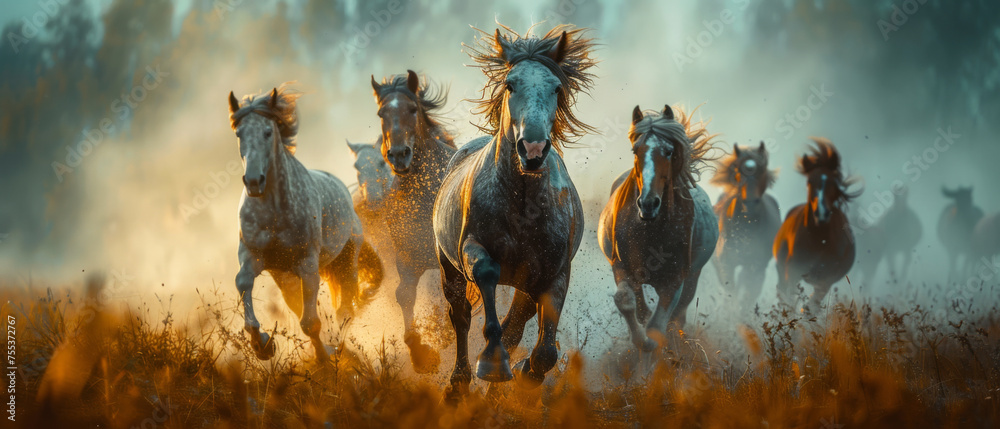 Wild horse stampede. Desaturated color palette, highly detailed. Horses ...
