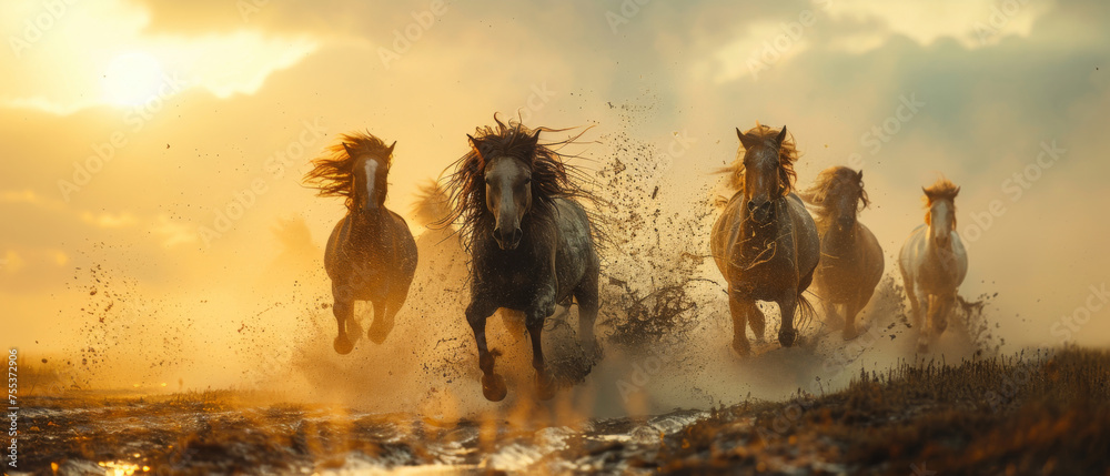 Wild horse stampede. Desaturated color palette, highly detailed. Horses ...