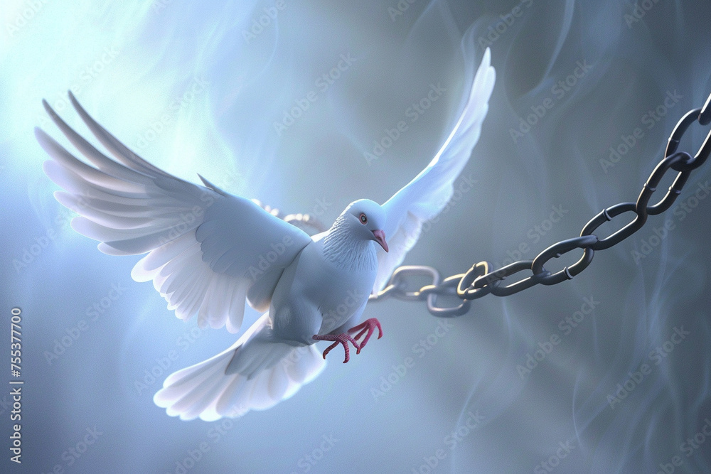 Create a serene and symbolic scene featuring a white dove breaking free ...