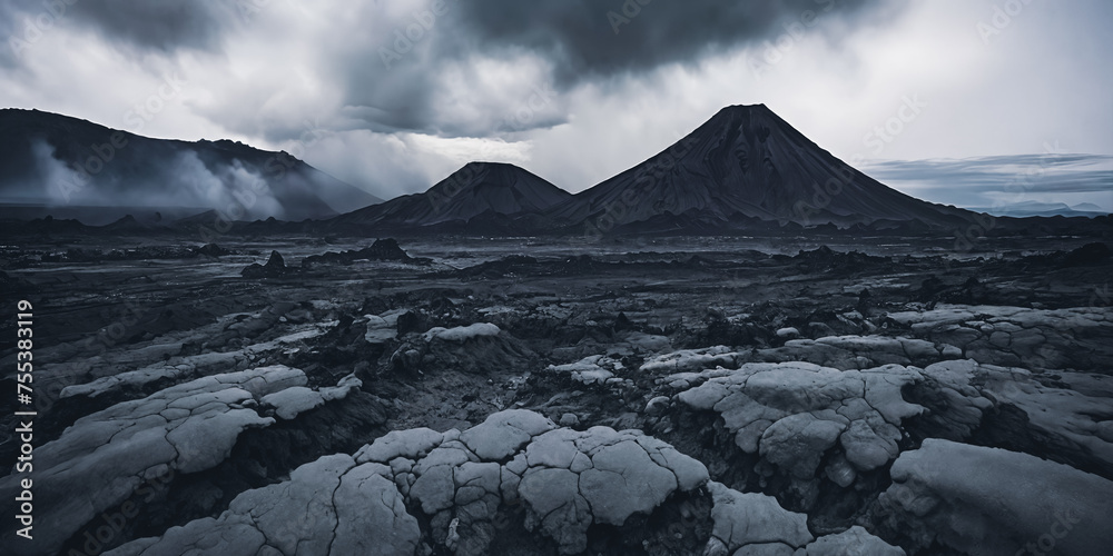 The aftermath of a volcanic eruption with layers of ash covering the ...
