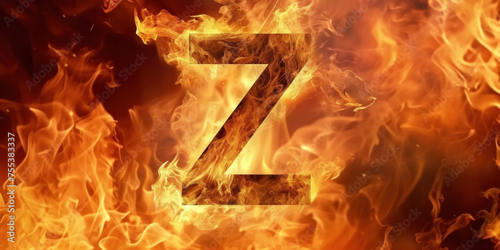Letter Z made of fire flames with red smoke behind hot metal font in ...