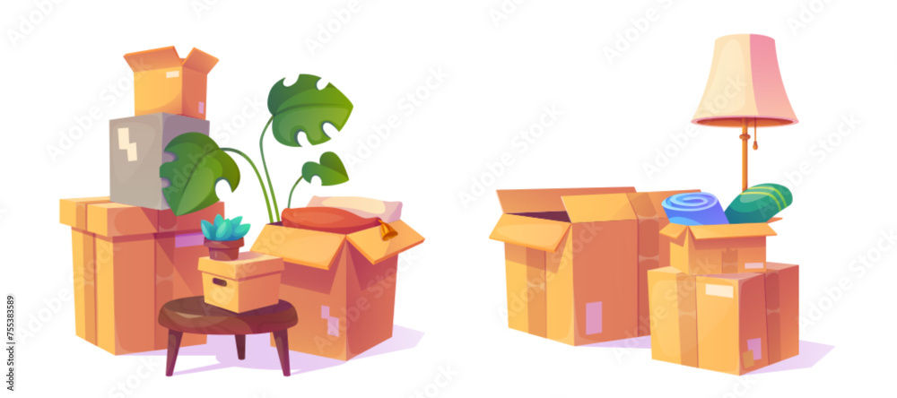 Cardboard boxes with house stuff for relocation concept. Cartoon vector ...