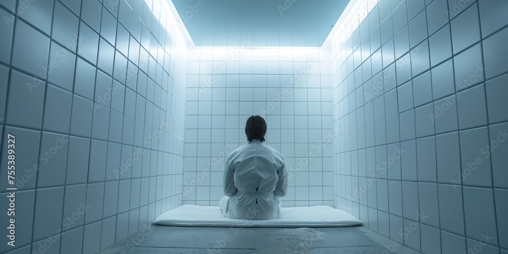 Back of insane patient person on bed looking on wall in straitjacket in ...