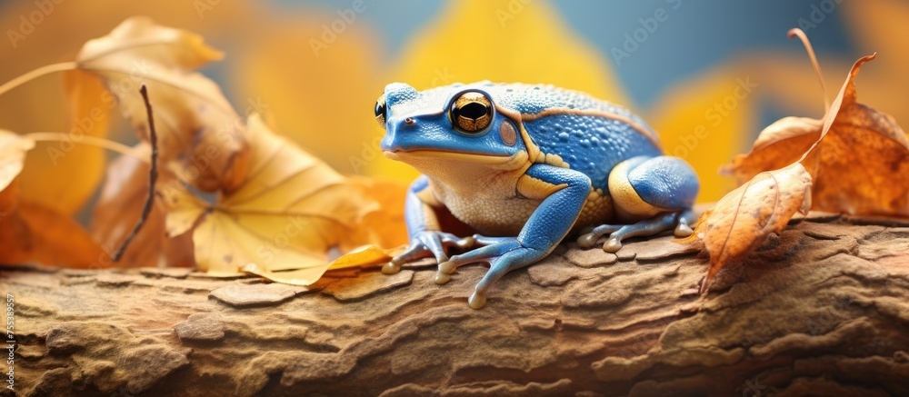 A blue frog, known as Litoria caerulea or dumpy frog, is sitting on top ...