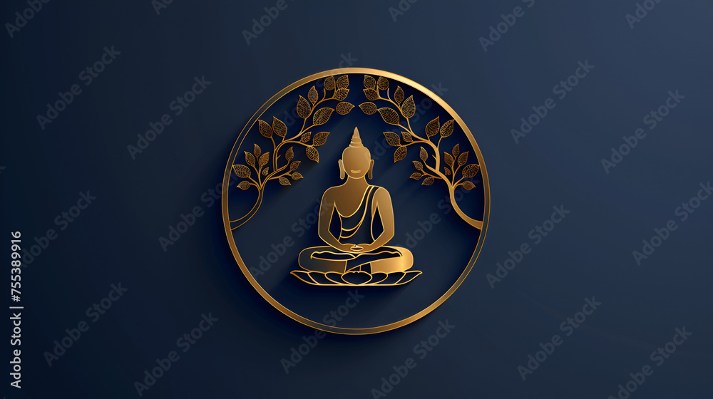Gold buddha Meditate under Bodhi tree circle on Blue background, Golden ...