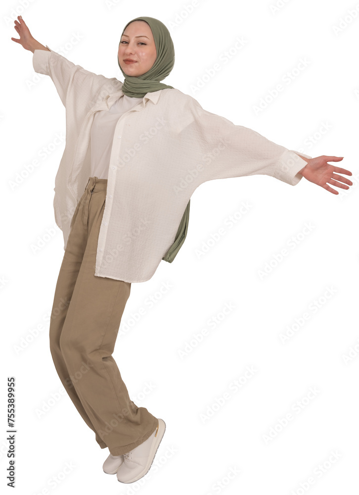 Happy overjoyed young caucasian muslim girl in hijab standing tip toes ...