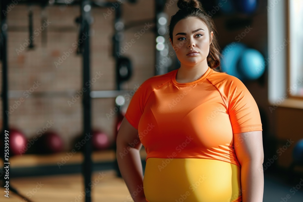 Very fat young woman with a sad face stands in the fitness center next ...