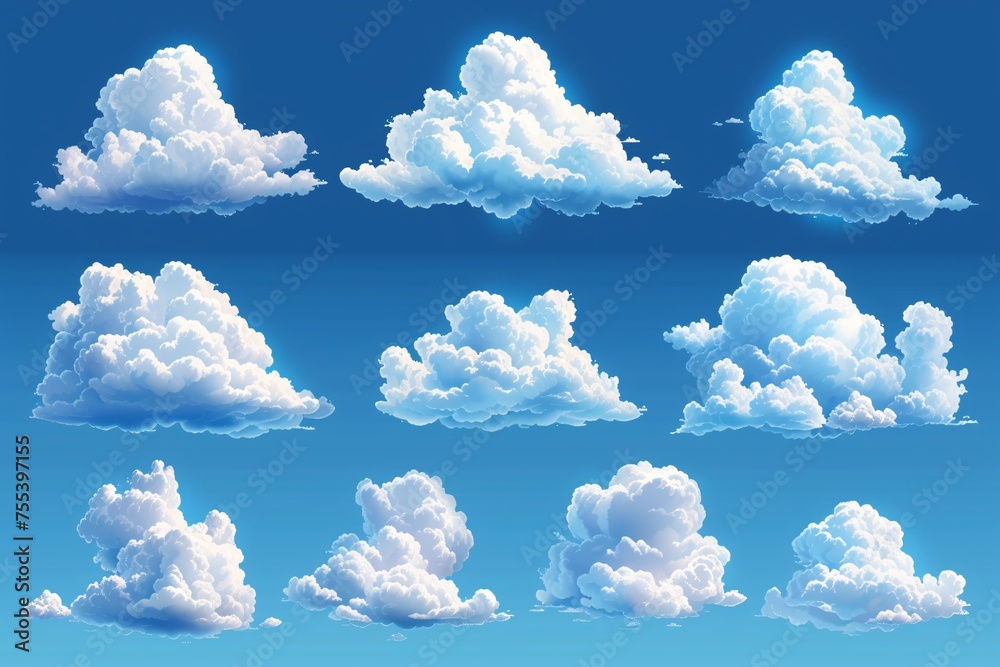 Fluffy 3-dimensional clouds in bubble form against a blue summer sky ...