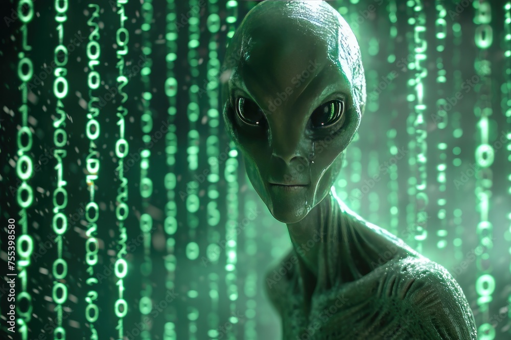 The alien stares at the wall of tumbling glowing emerald numbers and ...