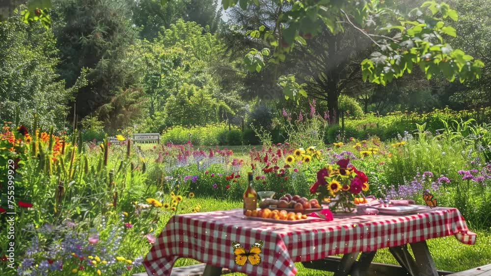 garden picnic a beautiful picnic spot in a garden. seamless looping ...