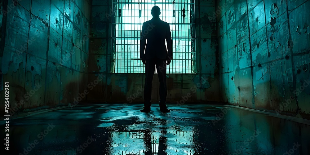 The impactful silhouette of an inmate against a towering prison wall ...