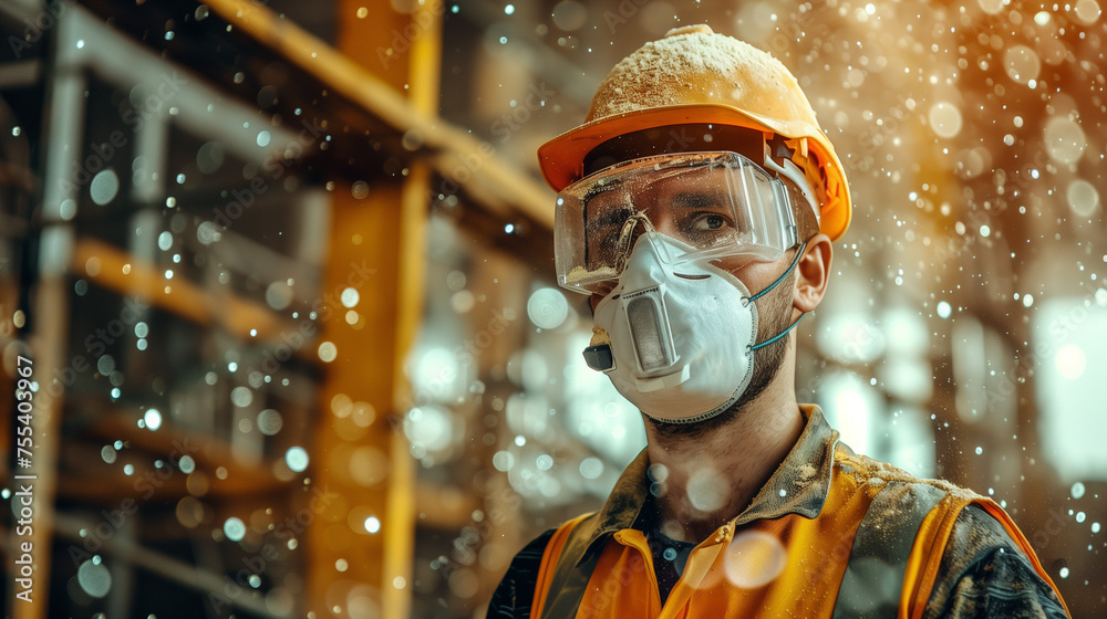 Professional construction worker wearing a high-grade dust mask ...