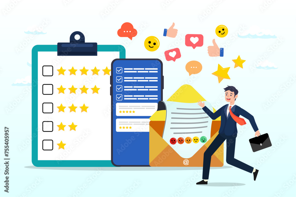 Man with survey on clipboard paper, mobile and email, customer survey ...