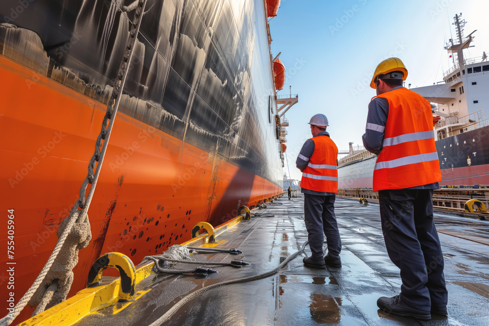 Risk assessment team inspects tanker condition before shipping. Men in ...