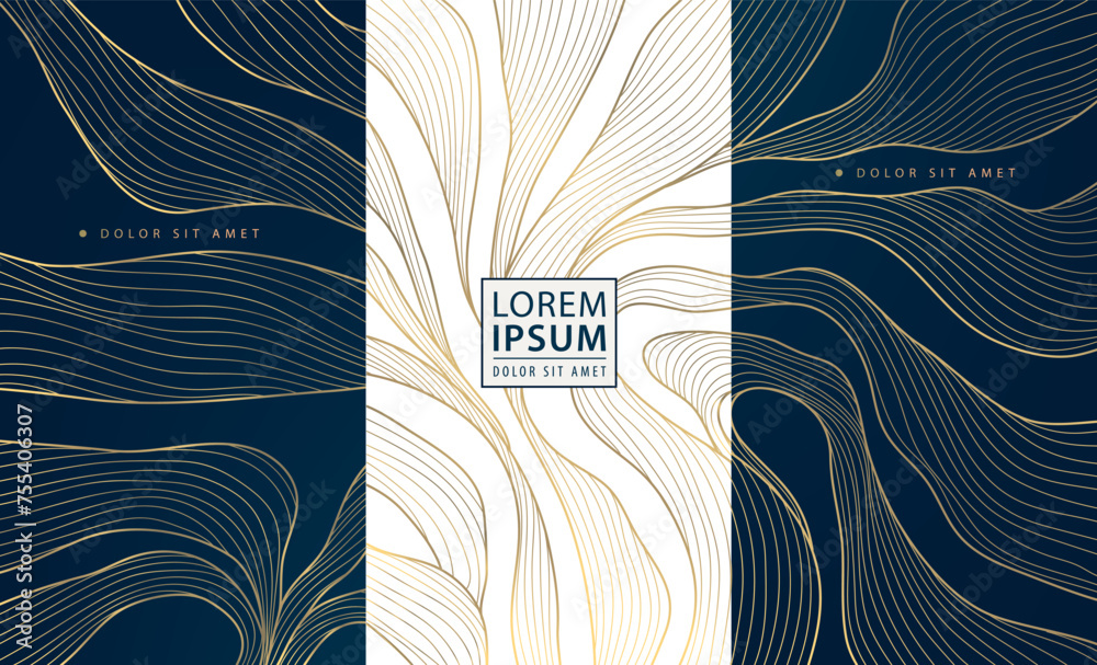 Vector set of wave line gold backgrounds, sea fancy patterns. Art flow ...