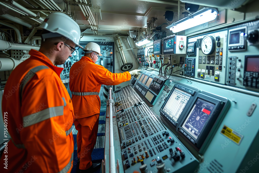 Crew operates ballast water treatment in commercial ship. Men oversee ...
