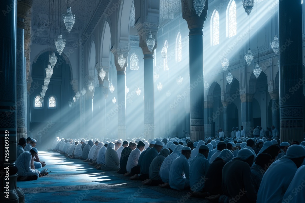 Worshippers fill semi-dark prayer hall with deep faith in Allah. Men ...