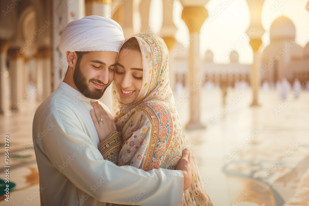 Happy Muslim couple embraces each other against mosque columns. Married ...