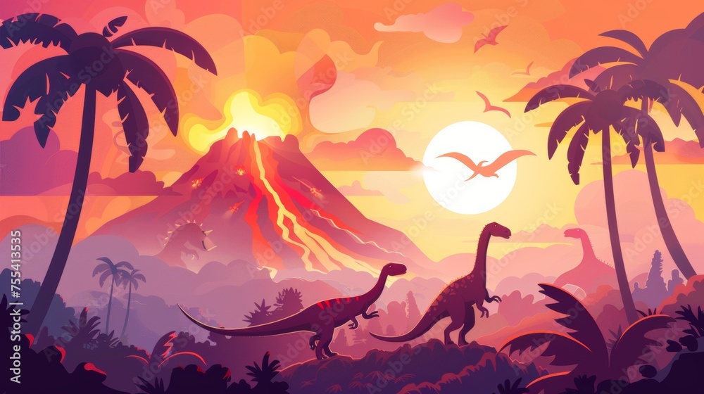 Jurassic era of Earth evolution with dinosaurs at erupting volcanoes ...