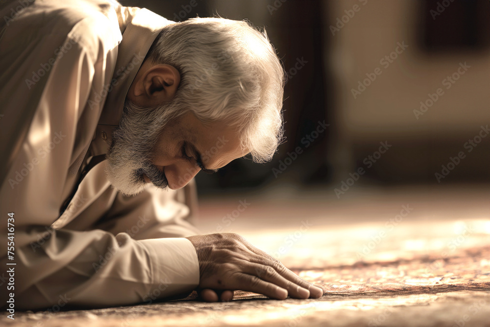Senior man kneels in devout prayer sitting on rug in mosque. Display of ...