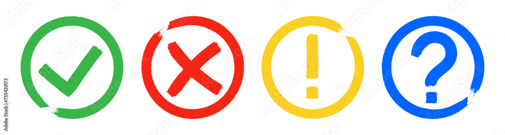 Dirty grunge cross x, tick OK, exclamation and question check marks in ...