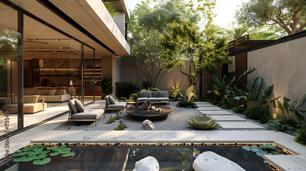 Modern backyard with stylish landscaping, a comfortable seating area ...