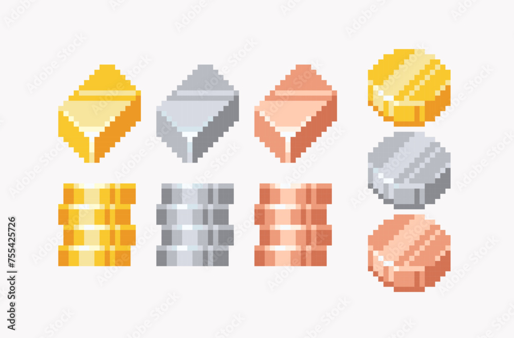 Gold, silver and bronze bars and coins pixel art set. Metallic ingots ...