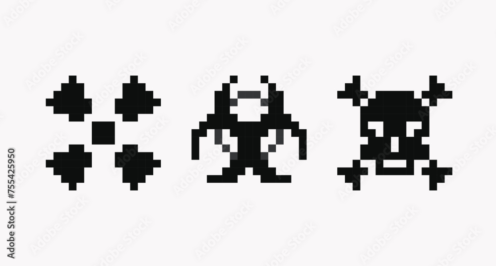 Toxic, virus, radioactive hazard signs pixel art set. Caution, danger ...