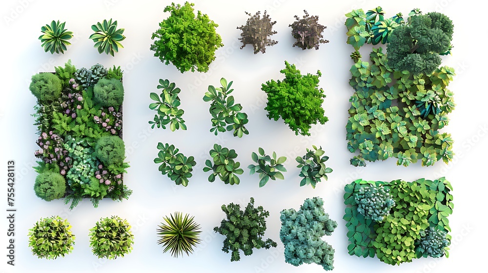 Top view of various green plants and shrubs on a white background for ...