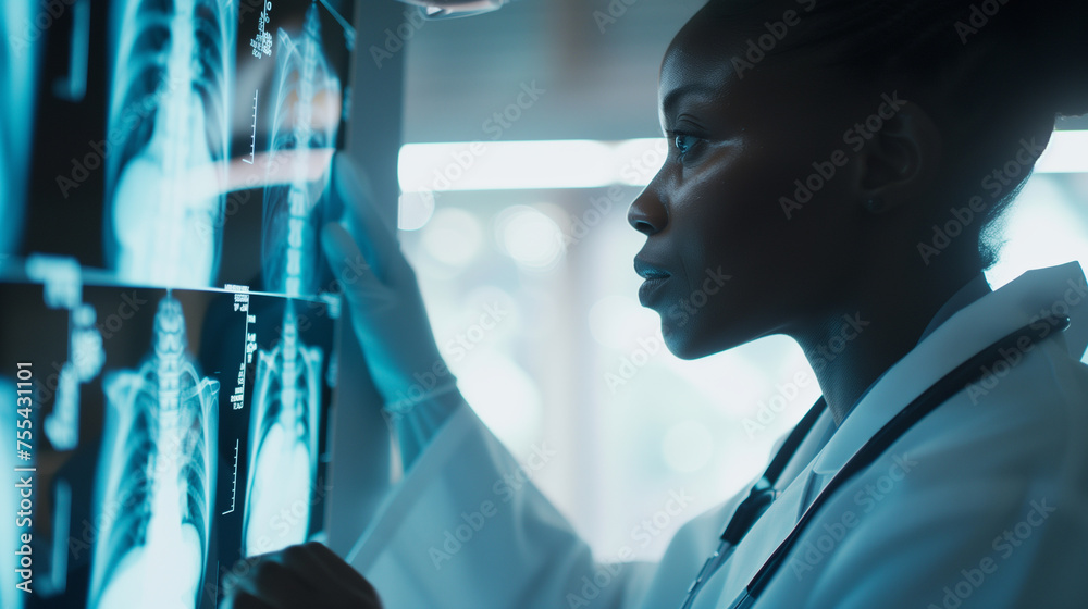 African female doctor examining digital x-ray images in a modern clinic ...