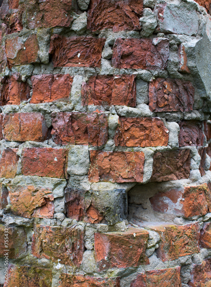 Red brick wall close-up. Texture old brickwork red brick and concrete ...