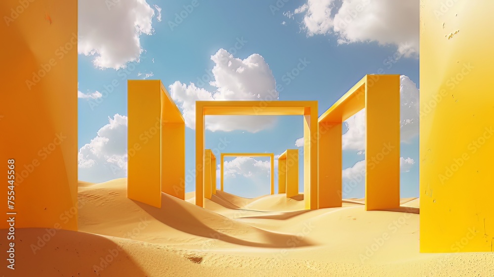 Imagine a concise 3D render: a surreal desert landscape with white ...
