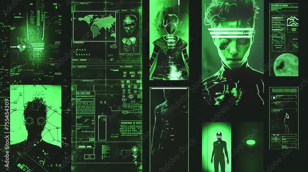 Design template with bitmap images on a green background in a cyberpunk ...