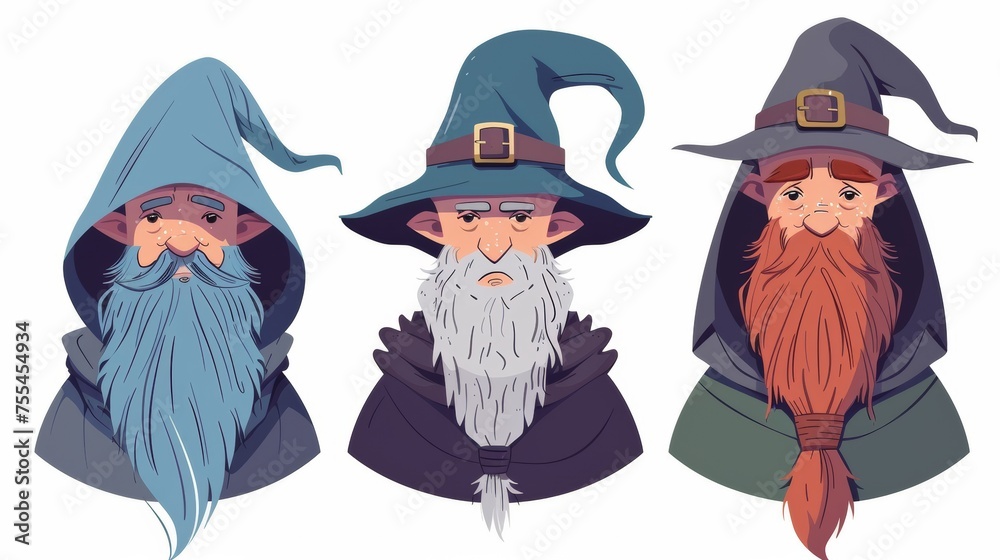 Cartoon modern illustration set of three ages of a wizard with beard in ...