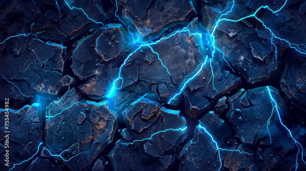 An illustration of a cracked ground surface or floor with a blue flare ...