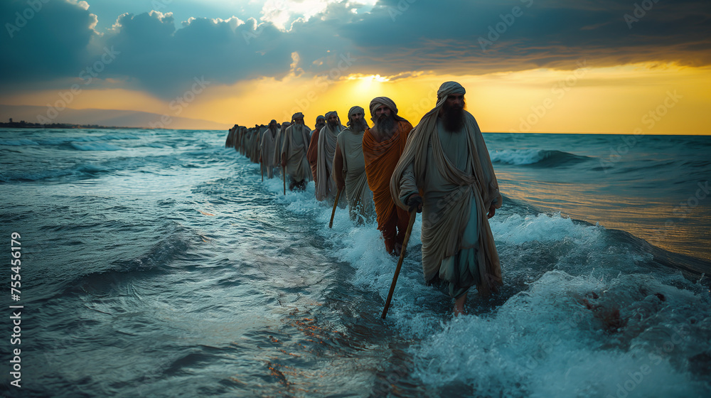 Jewish exodus biblical story cartoon illustration - Moses parting the ...