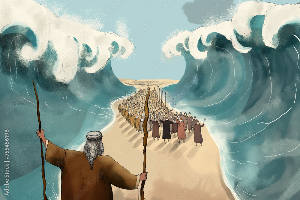 Jewish exodus biblical story cartoon illustration - Moses parting the ...