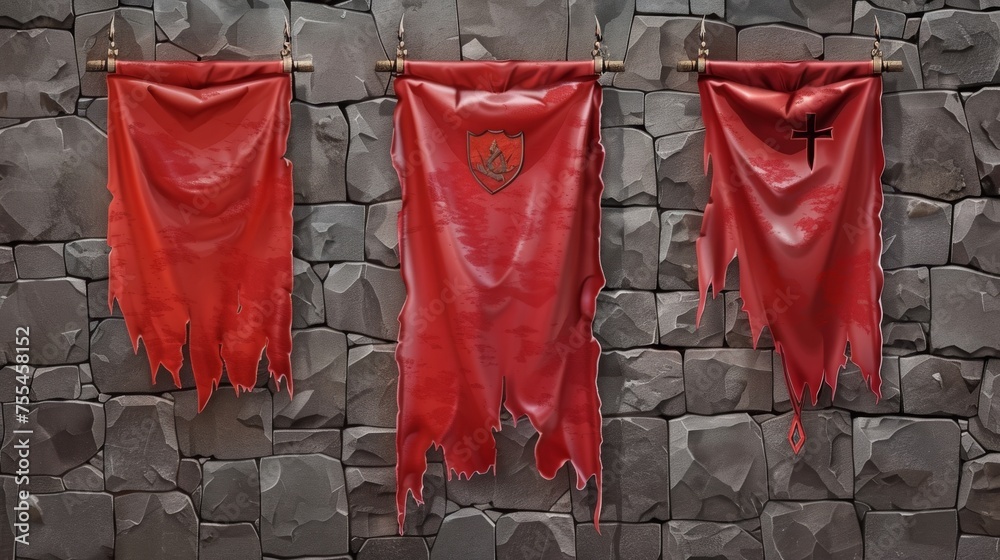 Isolated medieval red cloth banners set on stone background. Modern ...