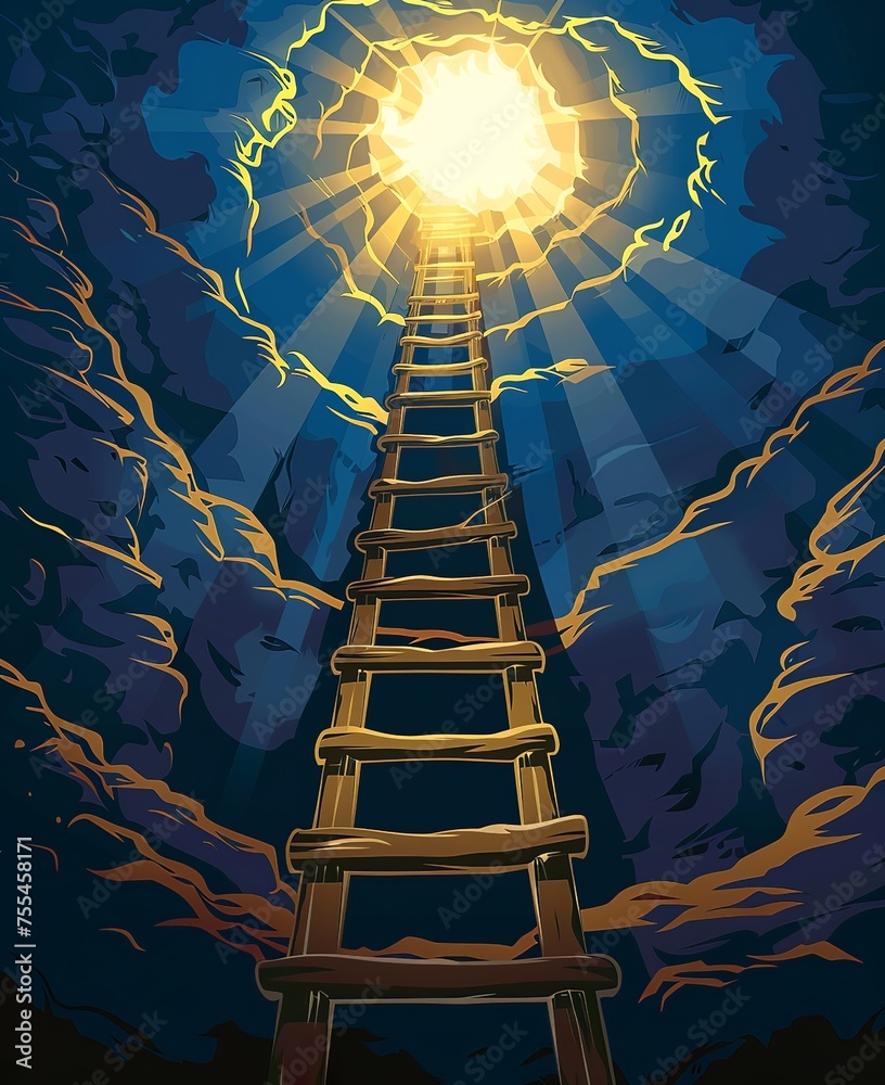 cartoon illustration of a long wooden ladder leading up from the depths ...