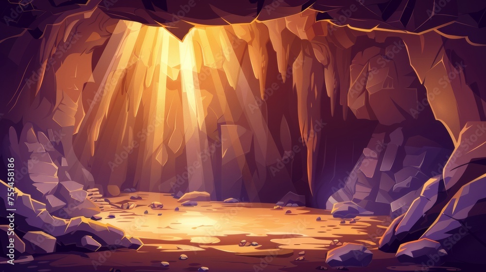 Cartoon illustration of brown underground rock cavern with stalactites ...
