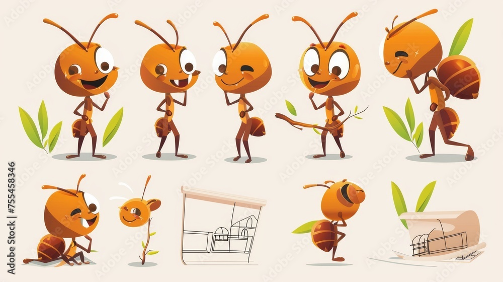 The cartoon character of a brown ant is funny and childish at the same ...