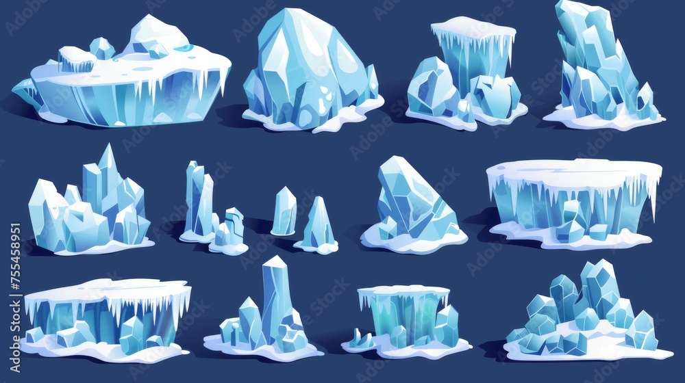 The ice floes are isolated on a dark background. Modern illustration of ...