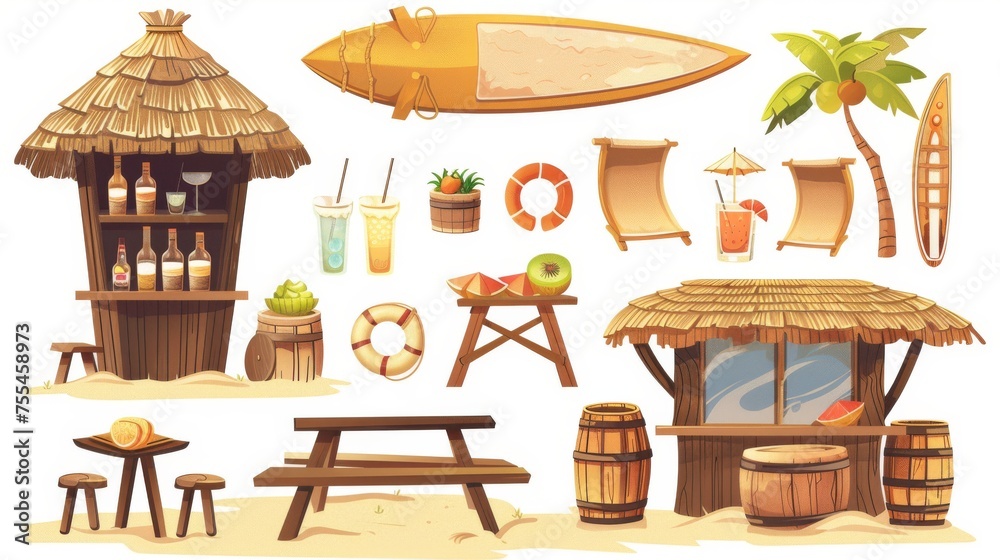 Surfboard tiki bar on the beach with cocktails and fruits. Hawaiian ...
