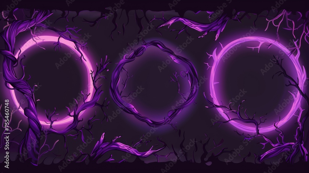 A set of scary creepy magic jungle purple borders with glow and twisted ...