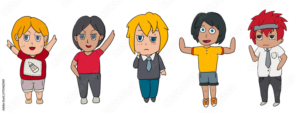 Happy cartoon family and friends: Four people posing with smiles ...