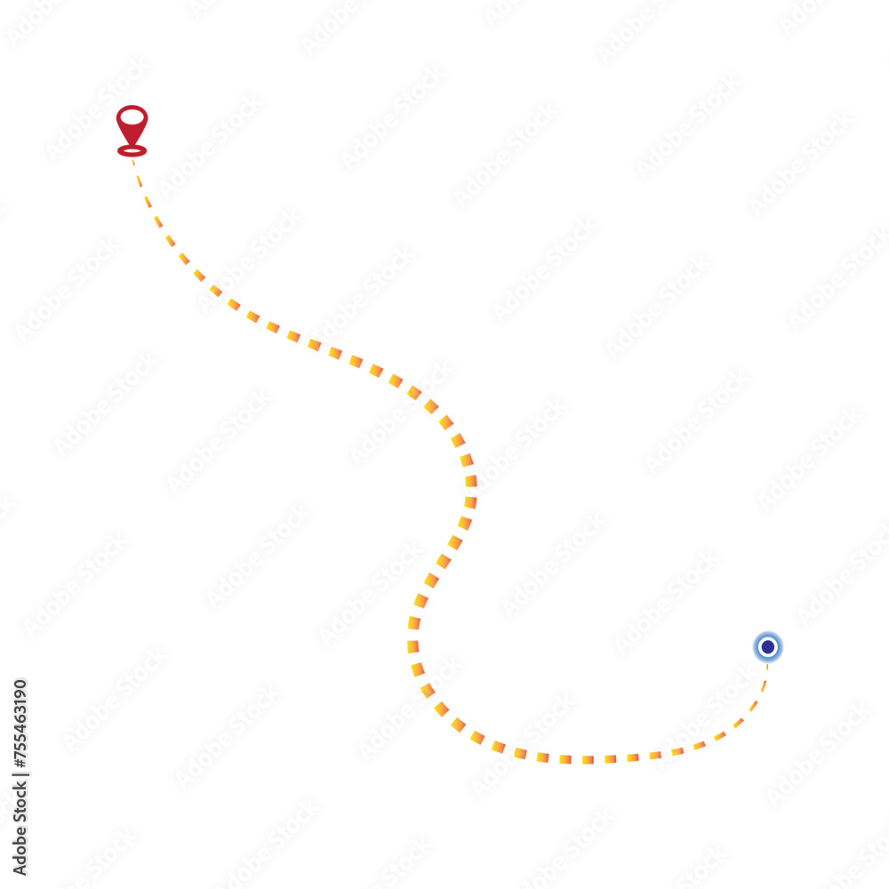 Route location icon, two pin sign and dotted line road, start and end ...