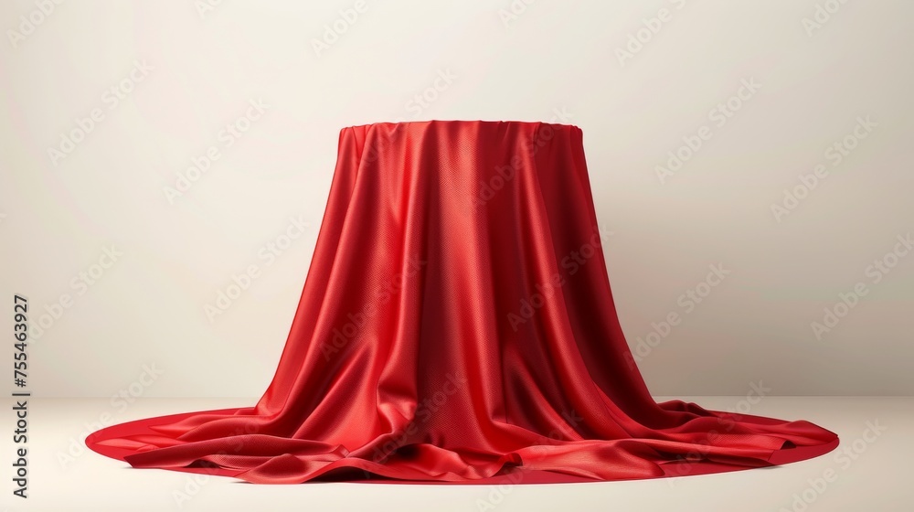 Round product podium or table covered with red curtain. Modern set of ...