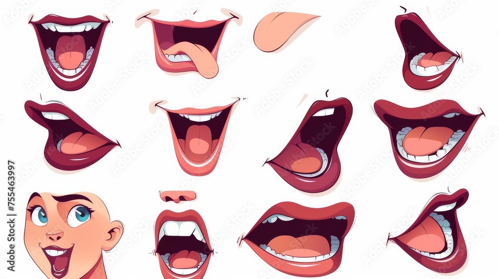 Animation set of cartoon illustration of young female character face ...