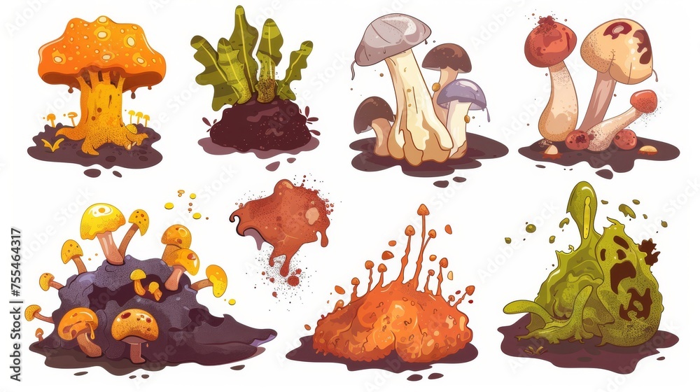 The cartoon modern illustration set shows rotten food with mold and rot ...