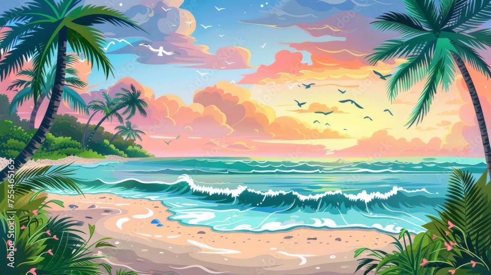 Modern cartoon illustration of seaside landscape with palm trees ...